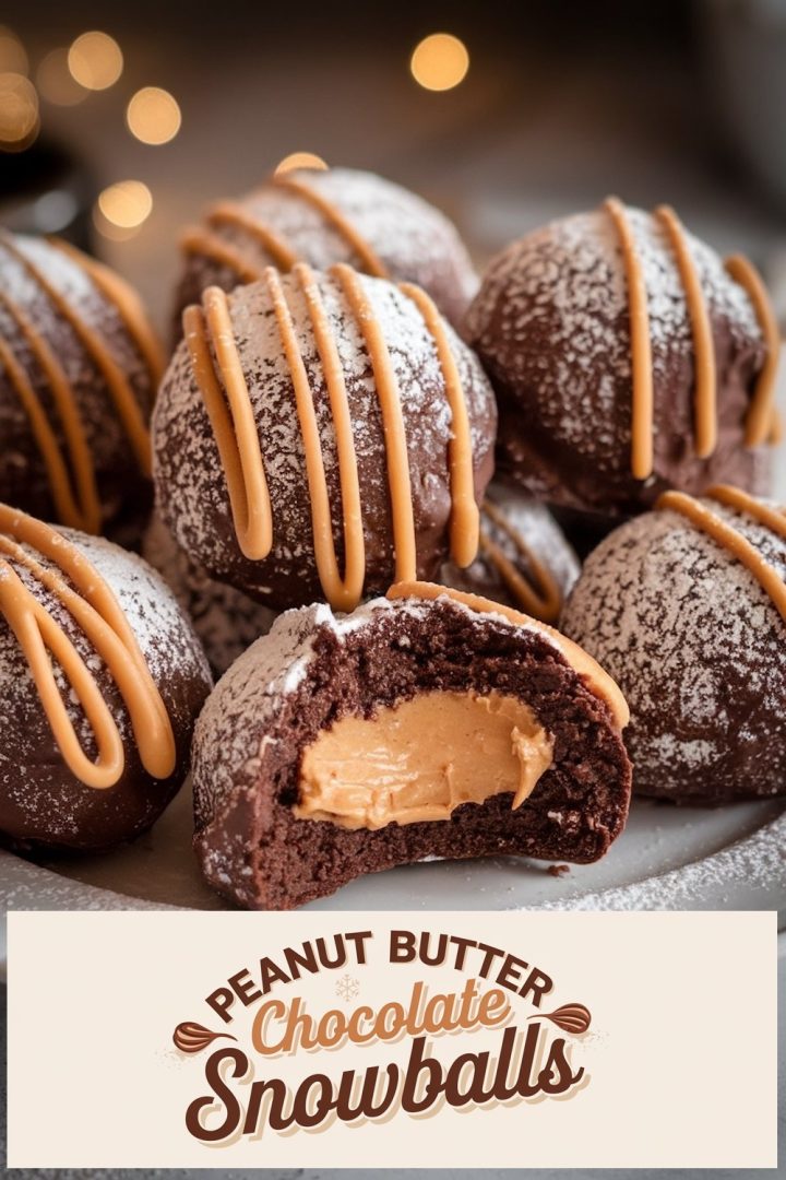 Chocolate Peanut Butter Snowballs with Caramel Drizzle - Emma's Cake Studio