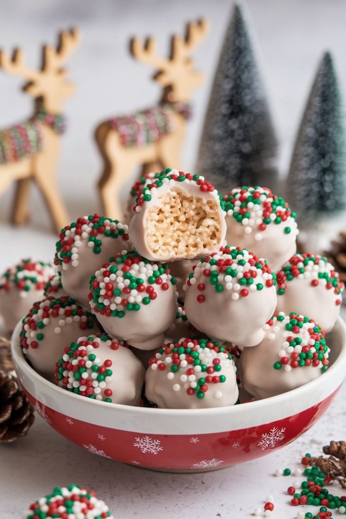 Christmas Rice Crispy Treats – Easy Holiday Balls With Sprinkles - Emma ...