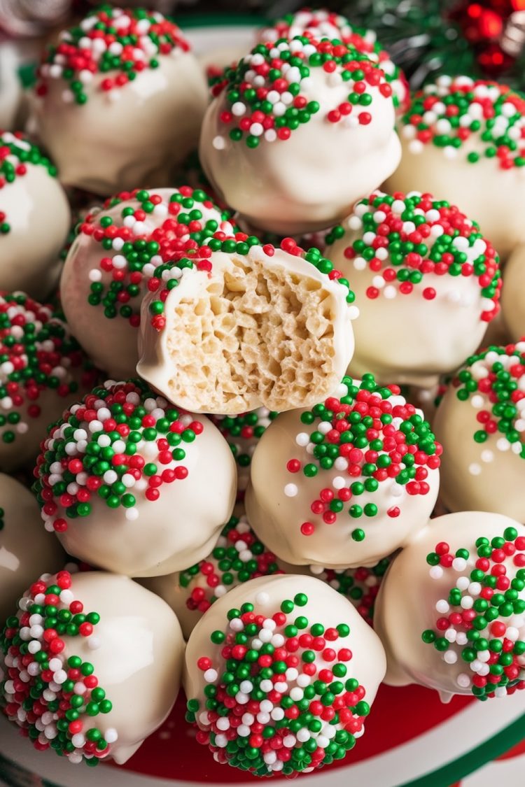 Christmas Rice Crispy Treats – Easy Holiday Balls With Sprinkles - Emma ...